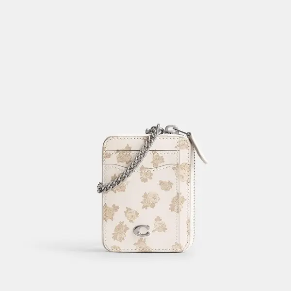 Coach Essential Chain Card Case With Floral Print - Silver